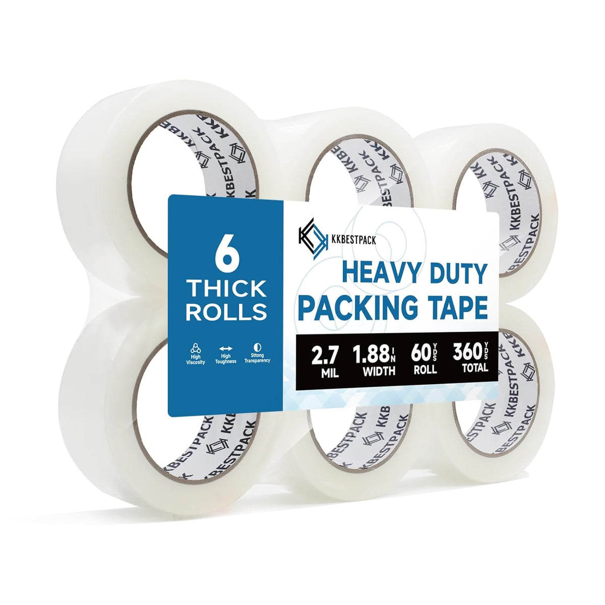 KKBESTPACK Heavy Duty Packing Tape, 6 Rolls – 1.88" x 60 Yards – Clear ...